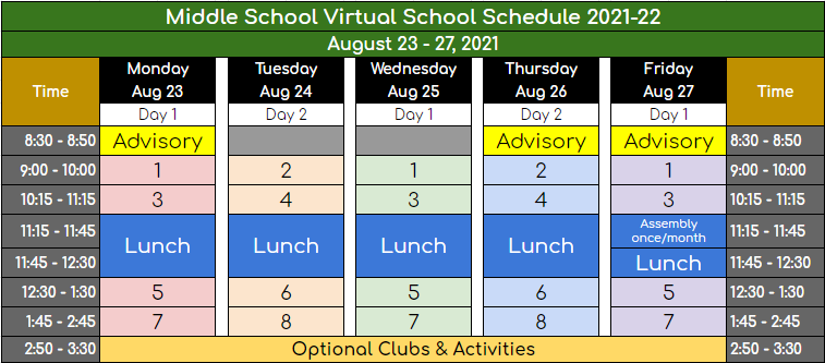 Middle School Schedule Examples Schedule | Manzanita Charter Middle